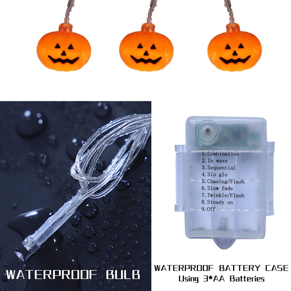 Halloween Pumpkin Lantern String Lights - 2 Packs 15 Ft 30 LED Jack-O-Lantern Pumpkin Light, Outdoor Waterproof Battery-Powered, Pumpkin Halloween Decorations for Patio, Garden, Yard, 8 Modes