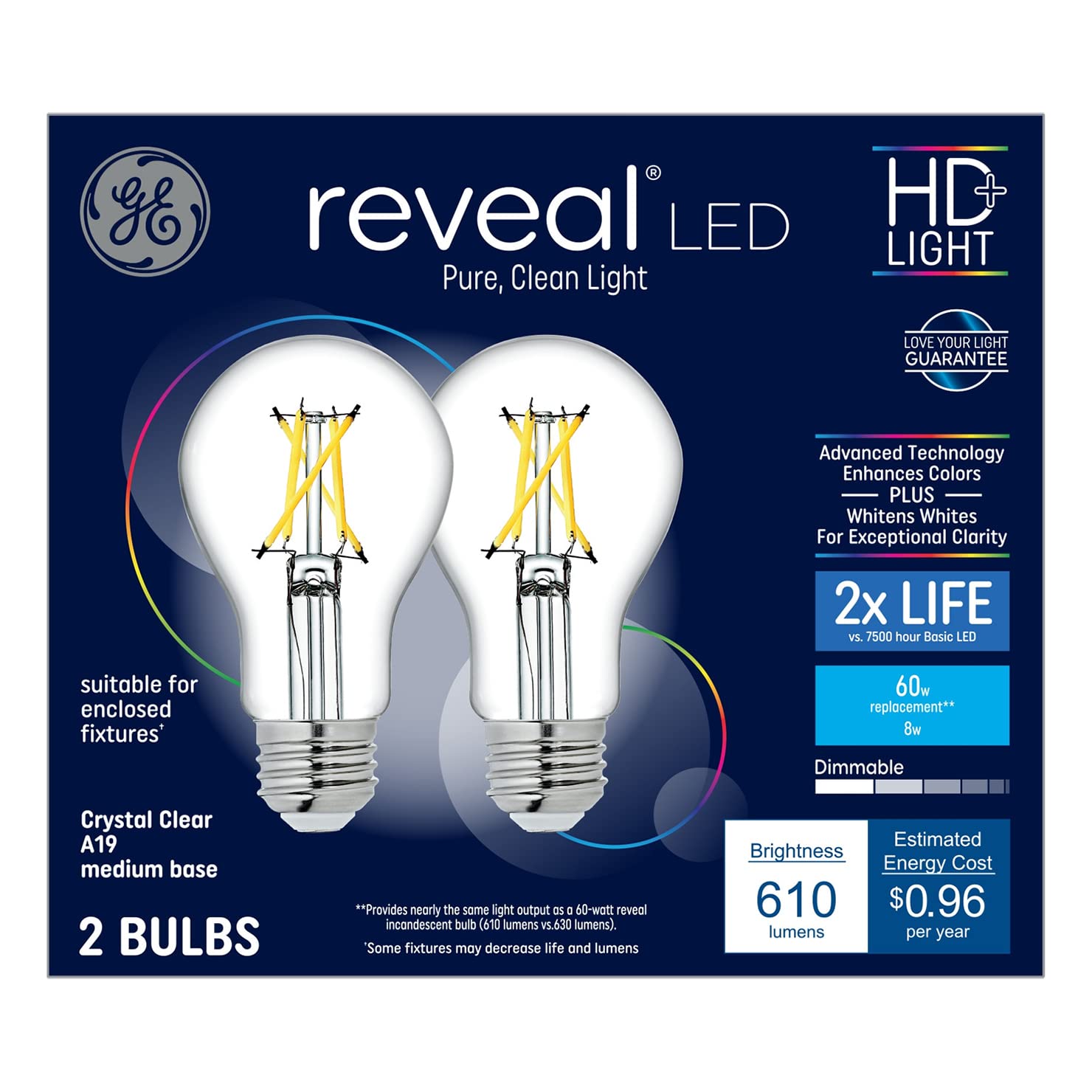 GE Reveal LED 60 watt Equivalent A19 Color Enhancing Dimmable HD Light LED Light Bulb (2 Pack)