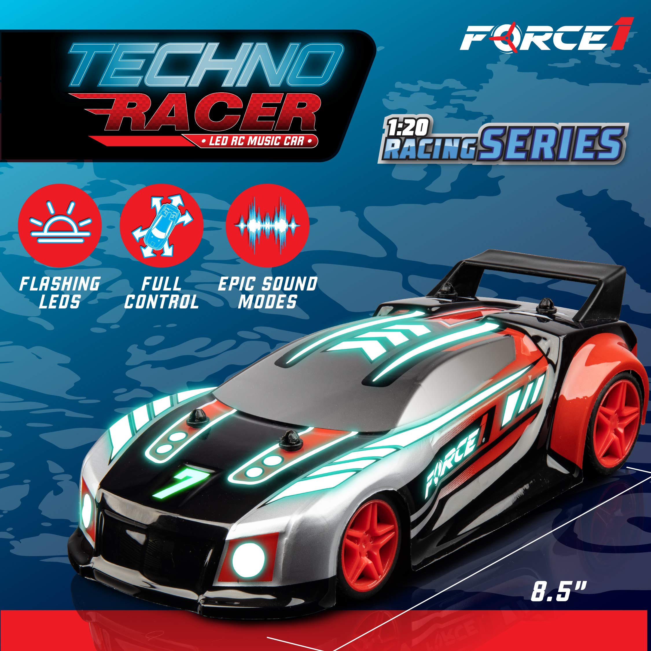 Force1 Techno Racer Remote Control Car for Kids - LED RC Car, High Speed Race Drift Car Toy with Music, Engine Sounds, Light Up Car Shell, and Easy Remote Control (Blue)