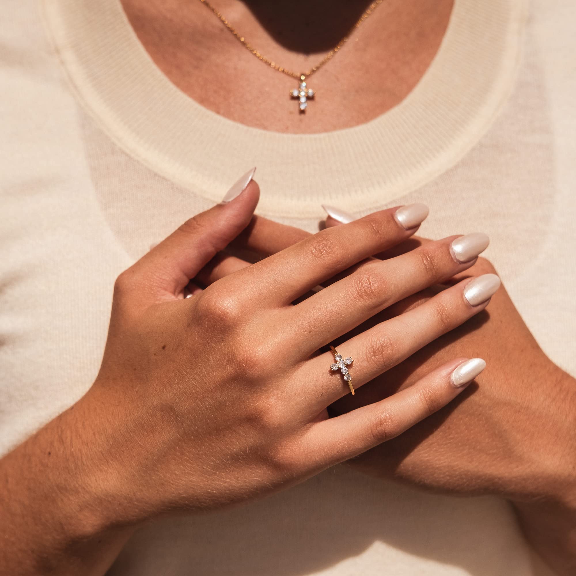 Forever Fervent Sideways Cross Pave Ring | 18K Gold | Petite CZ Christian Band | Religious Polished Finish Set | Size 7