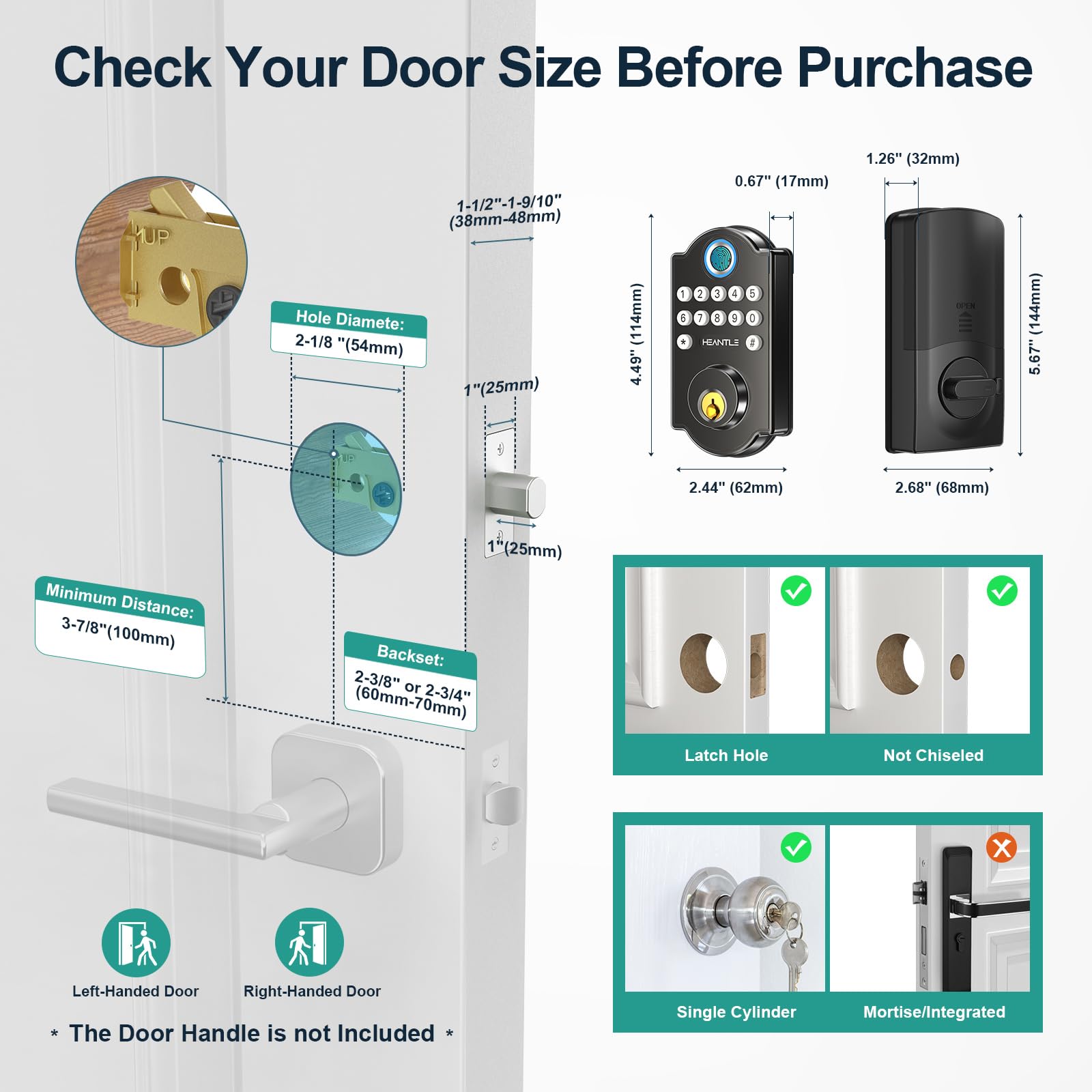 Front Door Lock Set, HEANTLE Smart Locks with Handle, Electronic Keyless Entry Door Lock, Digital Keypad Deadbolt, Auto Lock One-time Passcode for Home, Family
