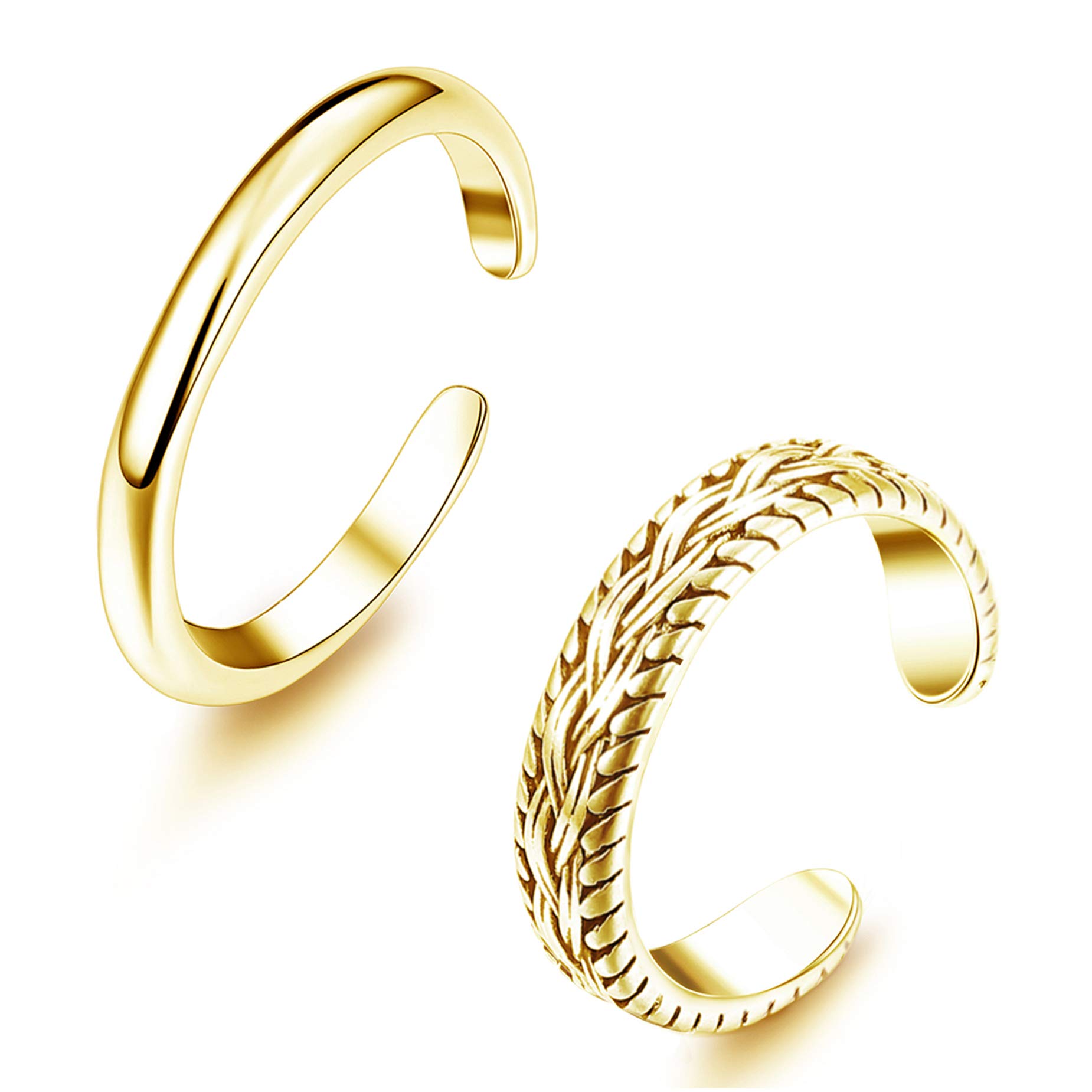 FUNRUN JEWELRY 2 PCS Sterling Silver Toe Ring for Women Girls Retro Vintage Design Adjustable Ring Set (B:18K Gold Plated)