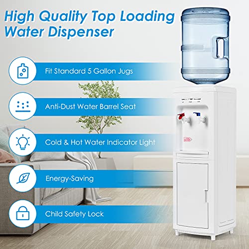 GOFLAME Water Cooler Dispenser Top Loading, Water Dispenser with Hot & Cold Water, Storage Cabinet, Child Safety Lock, Holds 3-5 Gallon Bottles for Home Office Dorm