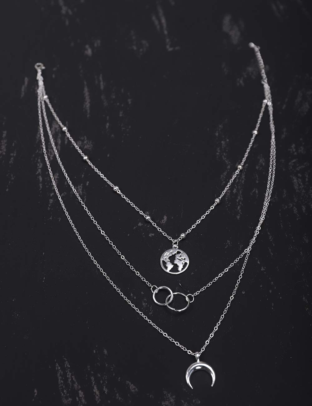 fxmimior 2 Tier Boho Dainty Layered Necklace Moon Necklaces Map Pendant Silver Gold Jewelry Stackable Choker Necklaces for Women and Girls (Silver)