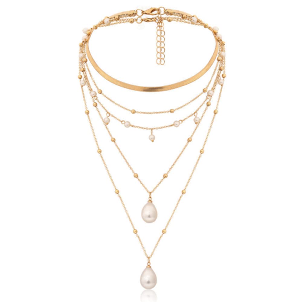 fxmimior Boho 5 Tier Gold Punk Chain Layered Necklace Dainty Pearls Pearls Pendant Long Choker Necklaces Jewelry for Women