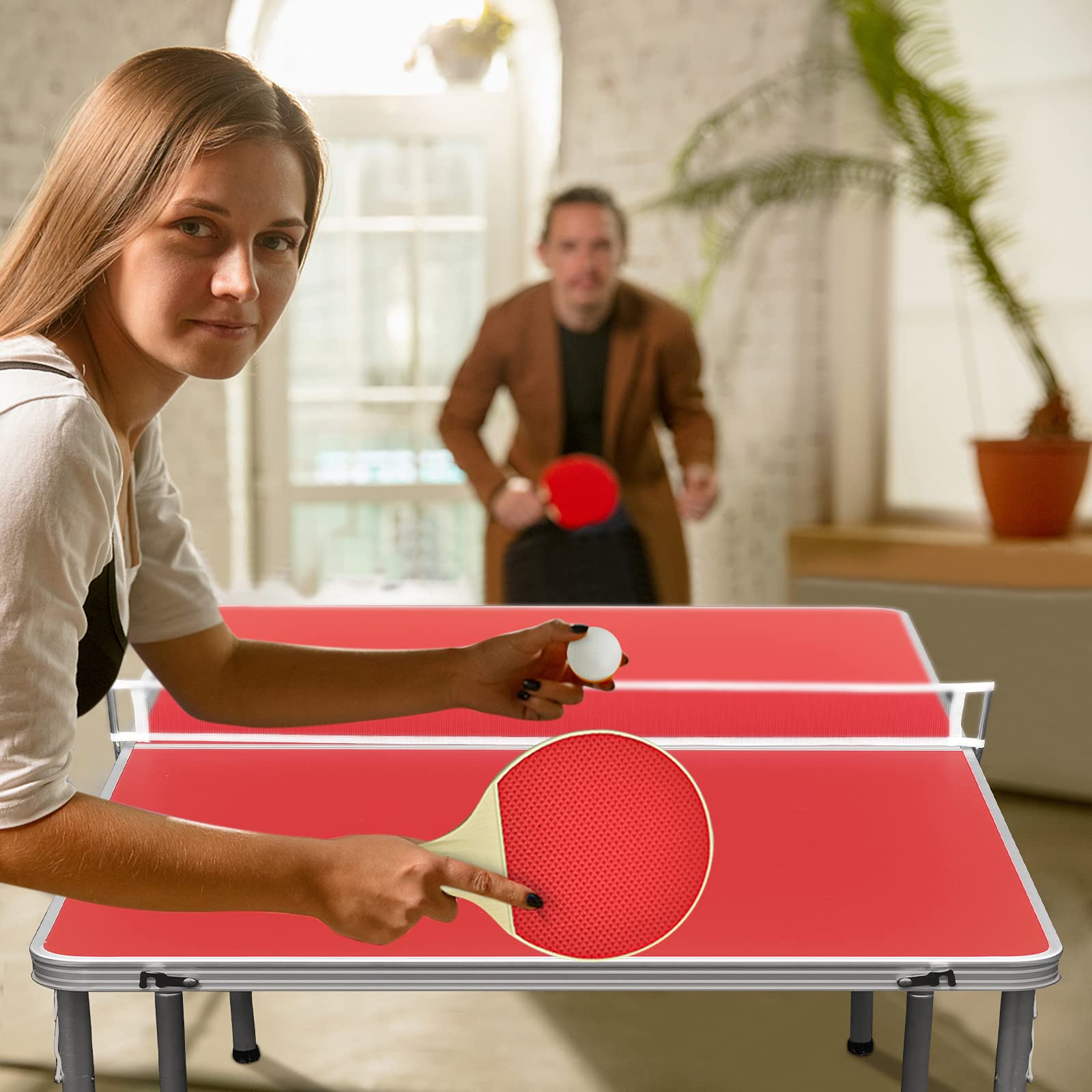 Goplus Foldable Ping Pong Table, 100% Preassembled, Portable Table Tennis Table Game Set with Net, 2 Table Tennis Paddles and Ping Pong Balls for Indoor Outdoor Use (Red-60'')