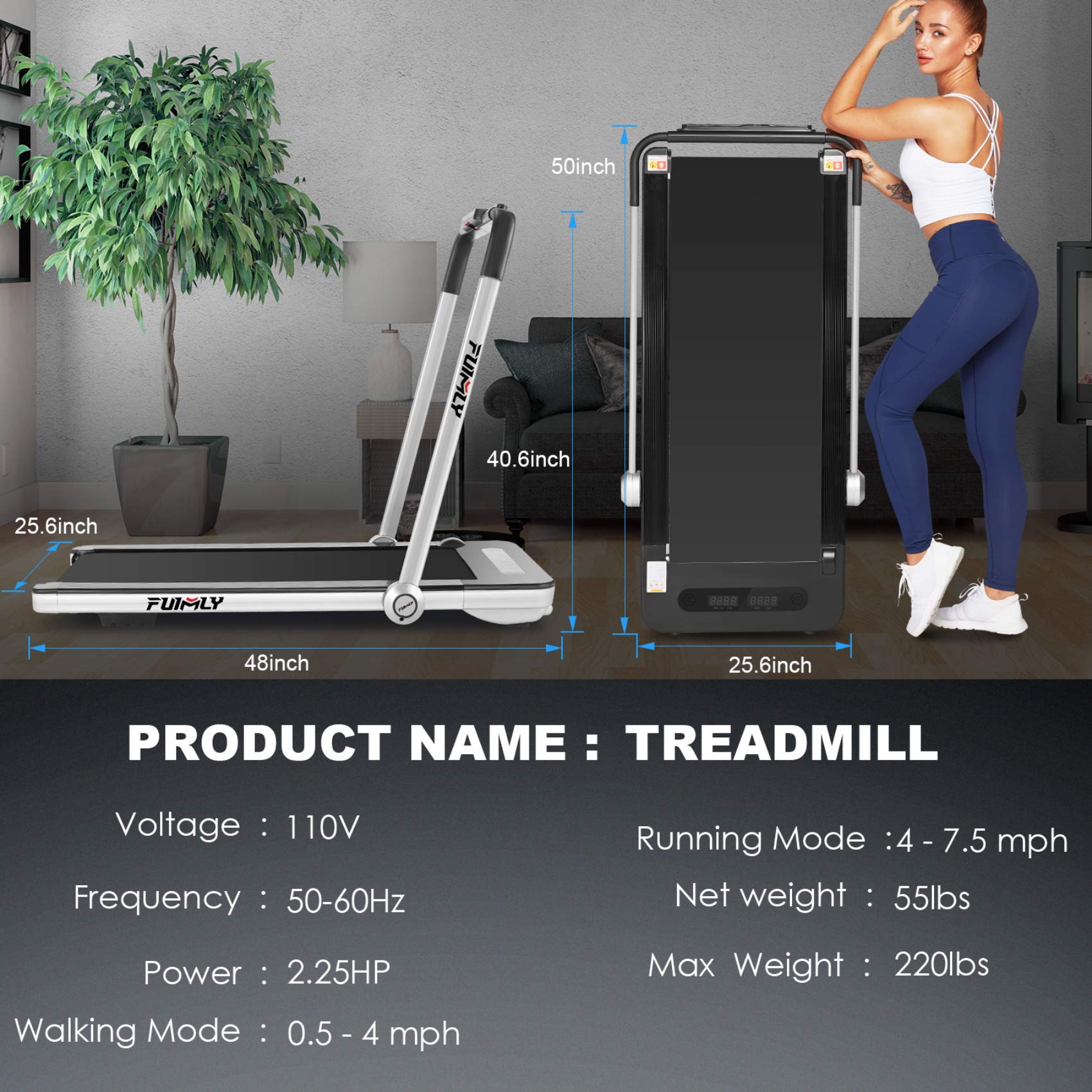 FUNMILY Treadmills for Home,2-in-1 Under-Desk Treadmill for Walking & Running,No Assembly Required,Jogging Machine for Office,Gym with Remote Control, Bluetooth Speaker and LED Display (Silver)