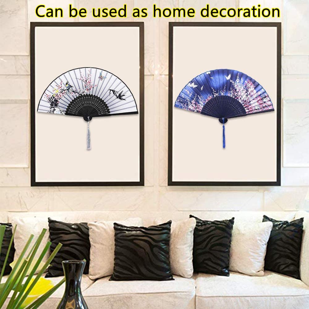 Folding Fan Handheld, Elegant Floral Two Color Butterfly Handmade Hand Fan Foldable with Navy Blue Tassel Aesthetic Chinese Fan Portable Handheld Fan for Dance Party Wedding Gift
