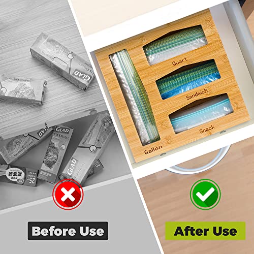 Planksy Ziplock Bag Organizer - Durable Bamboo Bag Storage Organizer with 4 Compartments - Wall Mount Bamboo Kitchen Organizer for Snack/Gallon/Sandwich/Quart Plastic Bags - 12 x 12 x 3 inch