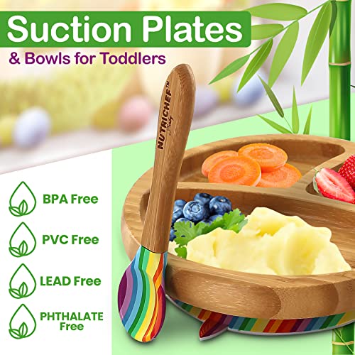 Nutrichef Baby and Toddler, 3 Compartment Plate, Bowl, Cup and Spoon Feeding Set- Silicon Suction, Non-toxic All Natural Bamboo Baby Food Plate (Stripe Set)