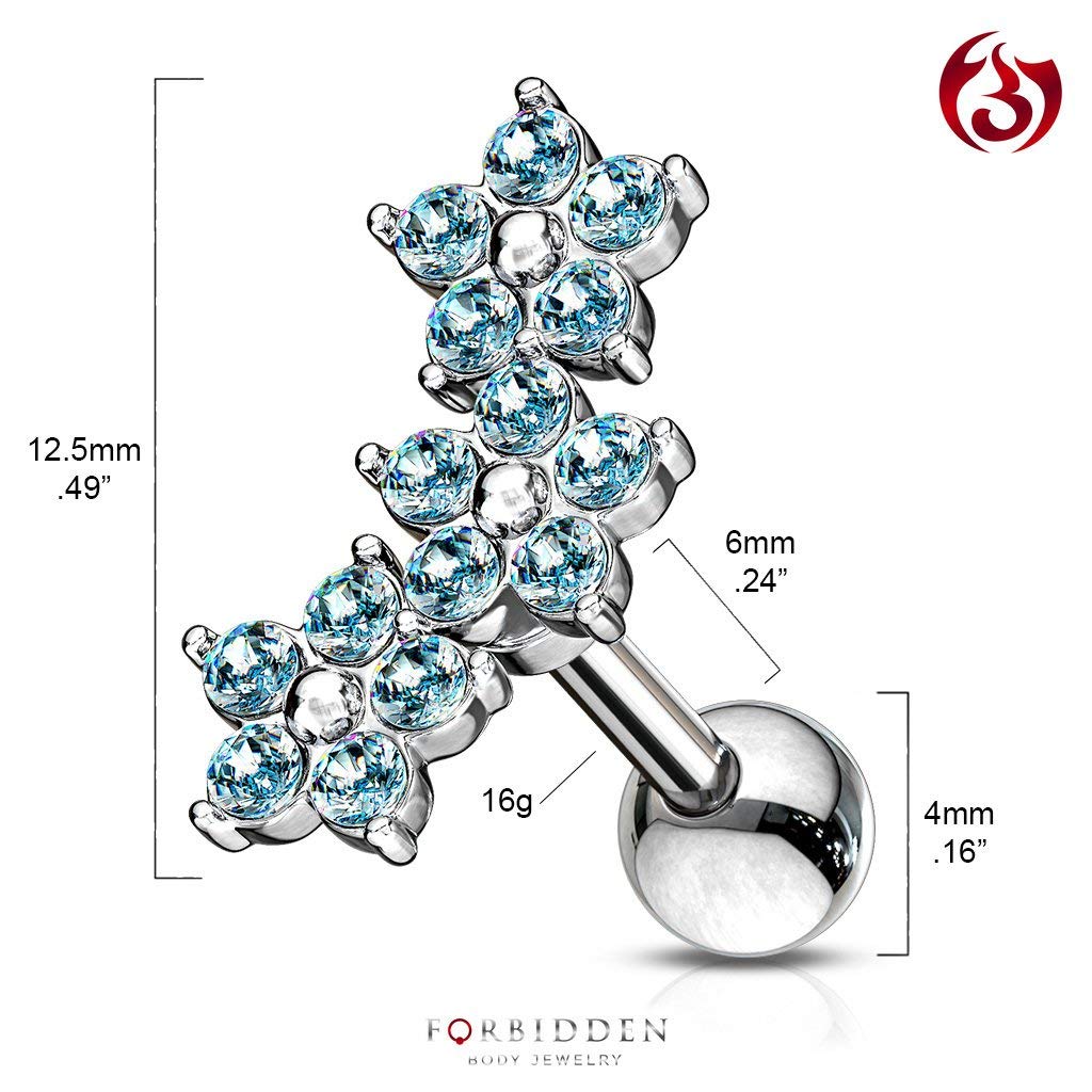 Forbidden Body Jewelry 16g 6mm Surgical Steel Stud for Cartilage, Tragus, & More w/Triple Crystal Floral Cluster, Aqua