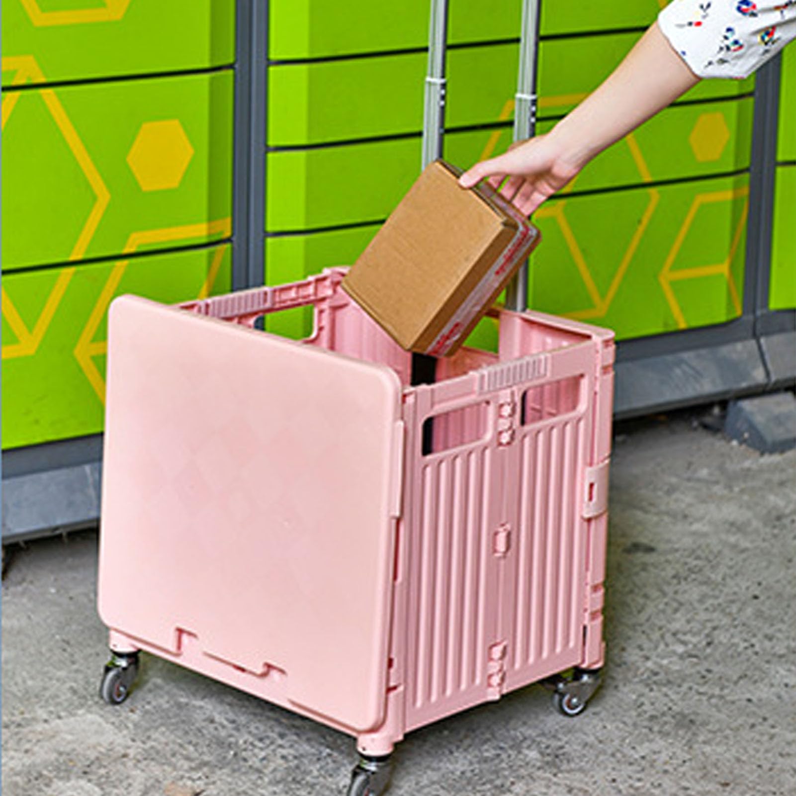 Foldable Utility Cart, Large Capacity Collapsible Rolling Box Telescopic Handle with Lid for Office (Pink)