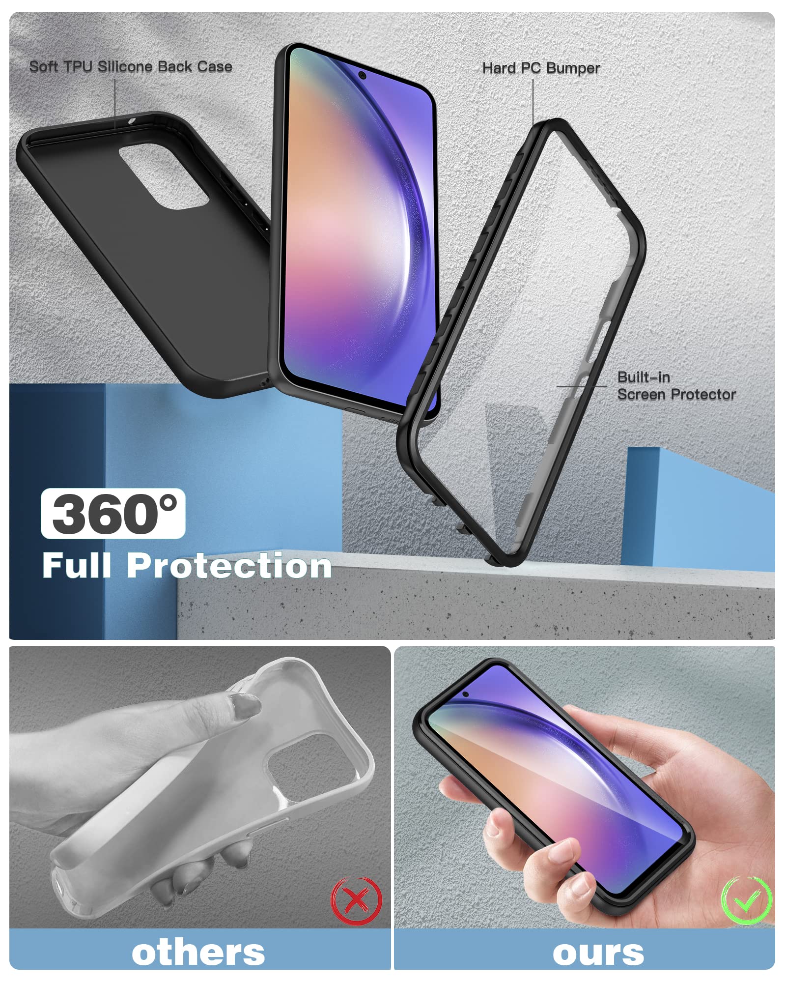 FNTCASE for Samsung Galaxy A54 5g Case: Shockproof Protective Silicone Phone Cases - Slim Full Protection Cell Phones Cover with Screen Protector - Dual Layer Rugged Cell Covers Black