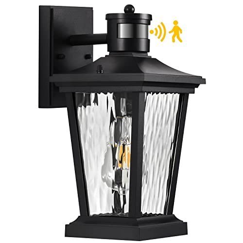 Karuoshirui Motion Sensor Outdoor Wall Lantern,Porch Lights Dusk to Dawn Sensor Exterior Light Fixtures Wall Mount,Aluminum Shell Black Outdoor Wall lamp Water Ripple Tempered Glass Outdoor Light