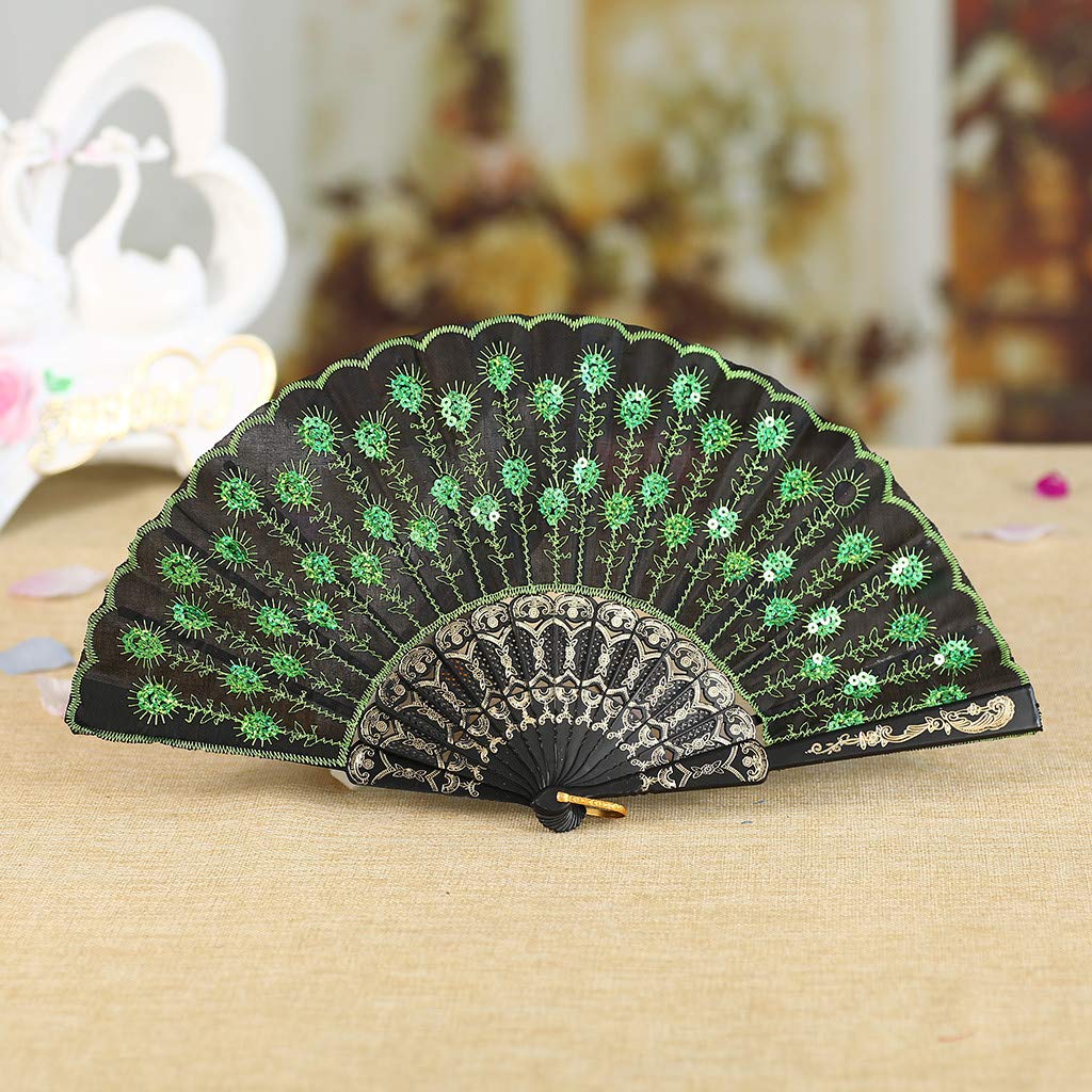 Folding Flower Hand Chinese Dance Wedding Silk Fan Style Lace Party Held Fans 6 Clip Fan Oscillating (Green-`, One Size)