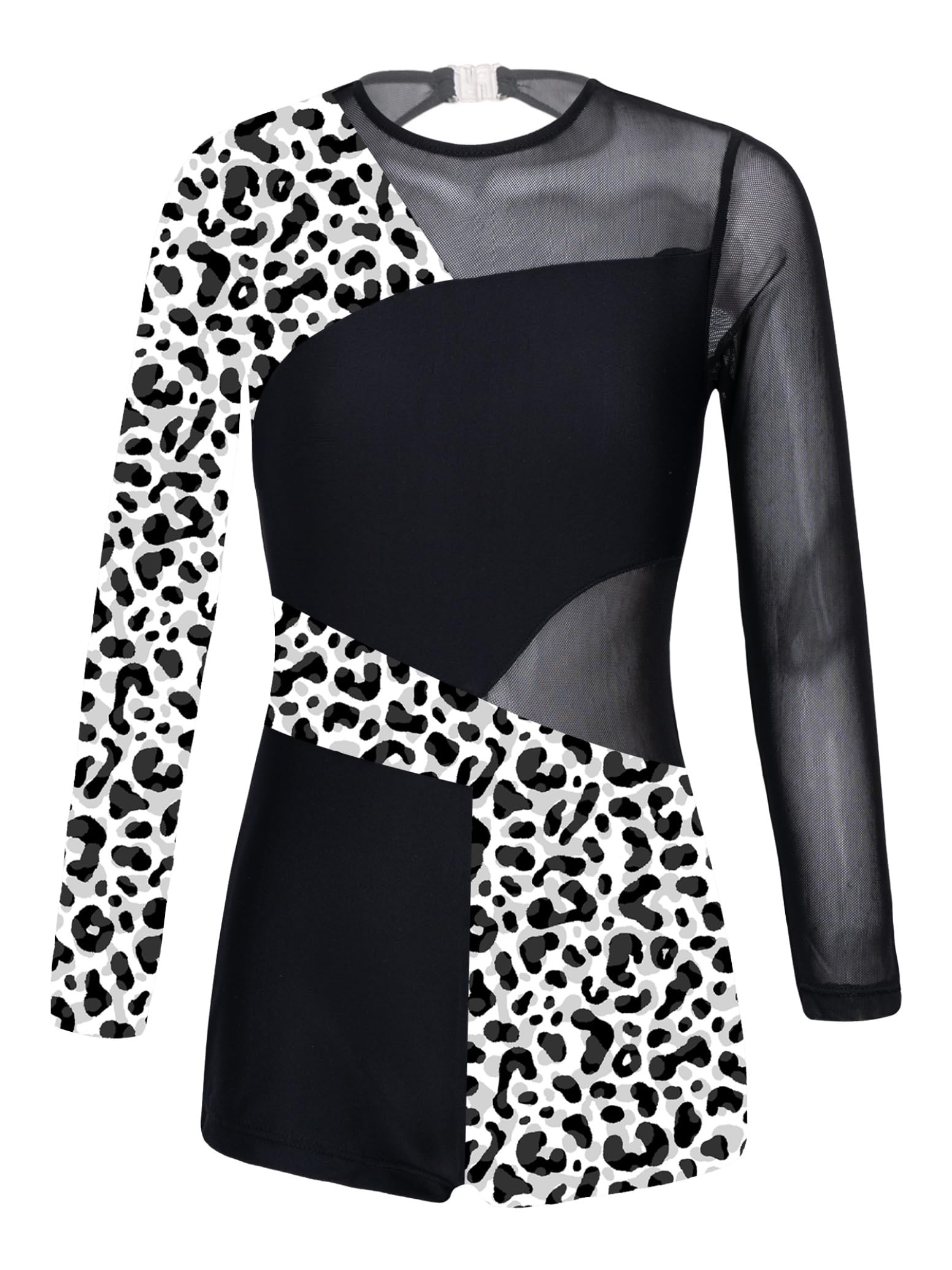 Haitryli Kids Girls One Piece Print Dancewear Long Sleeve See-through Mesh Patchwork Gymnastic Leotard Black 12 Years