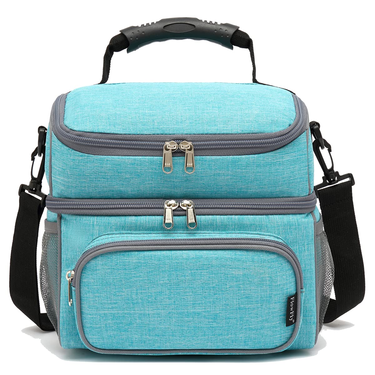 FlowFly Double Layer Cooler Insulated Lunch Bag Adult Lunch Box Large Tote Bag for Men, Women, With Adjustable Strap,Front Pocket and Dual Large Mesh Side Pockets,Sea Blue