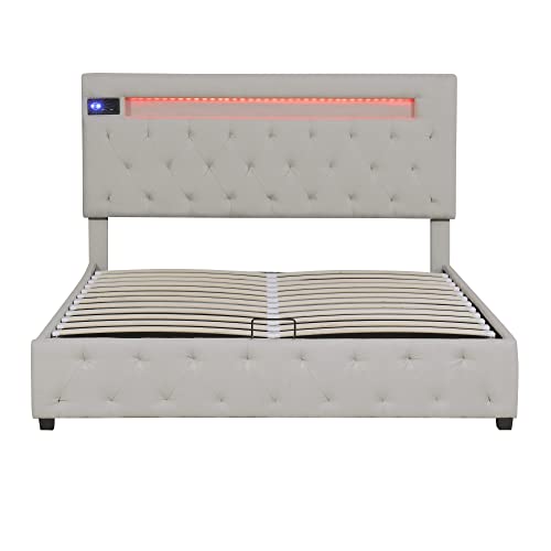 Queen Size Upholstered Platform Bed with Gas Lift up Storage,Adjustable Headboard Featured w/Bluetooth Audio, LED Light and USB Charging,Hydraulic Storage Platform Bed for Kids Teens Adults