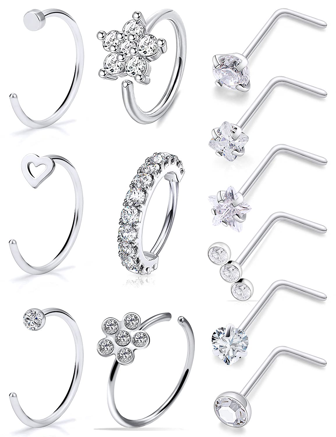 Ftovosyo 20G Surgical Steel Nose Rings Hoop for Women Men, Paved CZ Flower Piercing Jewelry L Shaped Nose Ring Stud Set