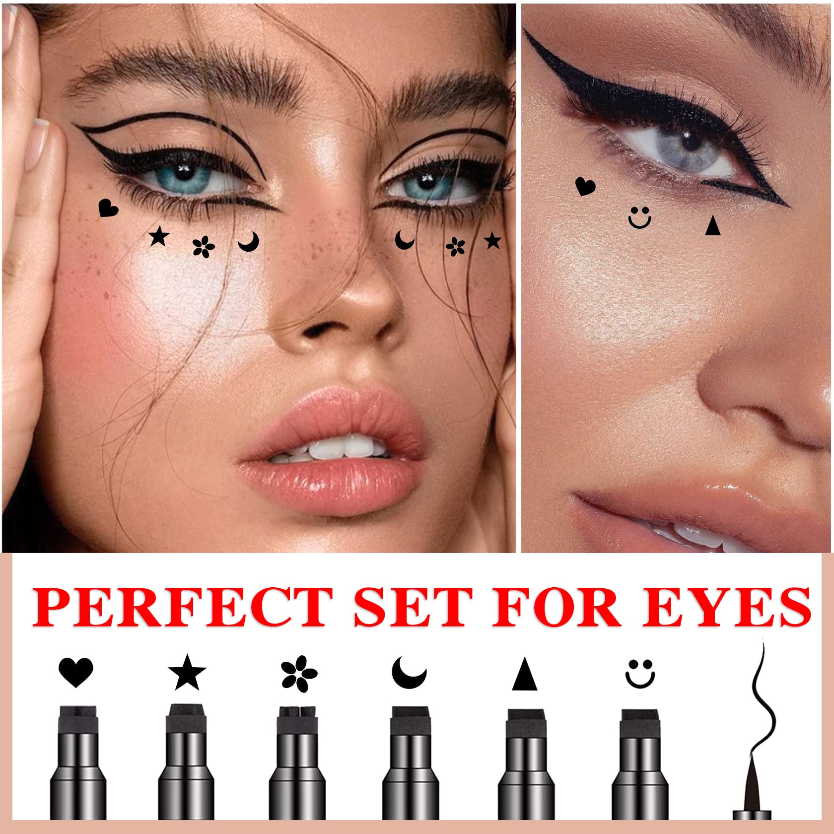 NVLEPTAP 6 Pcs Double-headed Eyeliner Stamps Set Black Liquid Eye Liner Pen With Star,Moon,Heart,Flower,Smiley,Waterproof Eye Liner for Women Create Long Lasting Eye Makeup