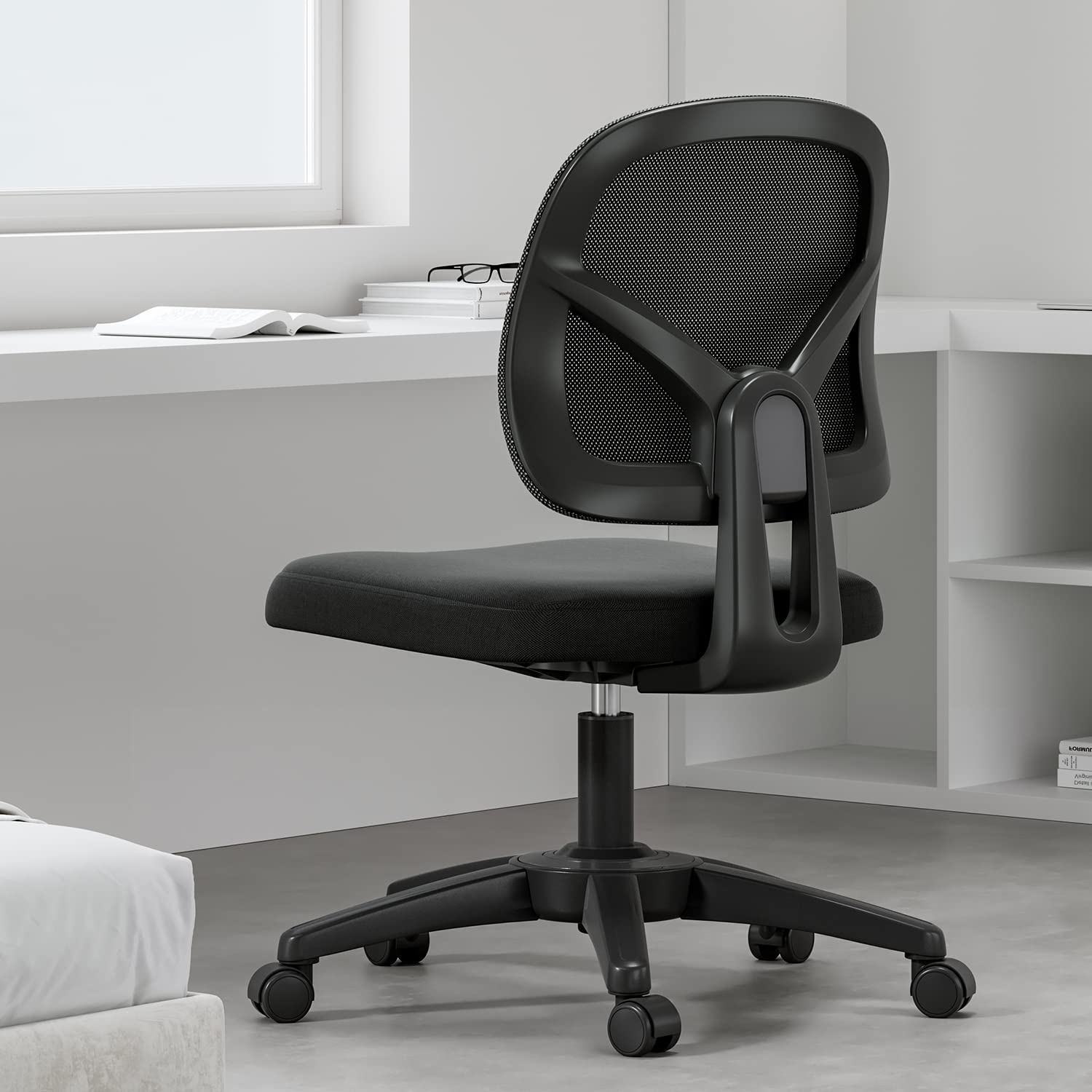 Hbada Home Office Desk Chair with Flip Up Arm, Breathable Mesh Back Lumbar Support Task Chair, Ergonomic Office Chair with Adjustable Height & PU Wheels, Swivel Computer Desk Chair, Black