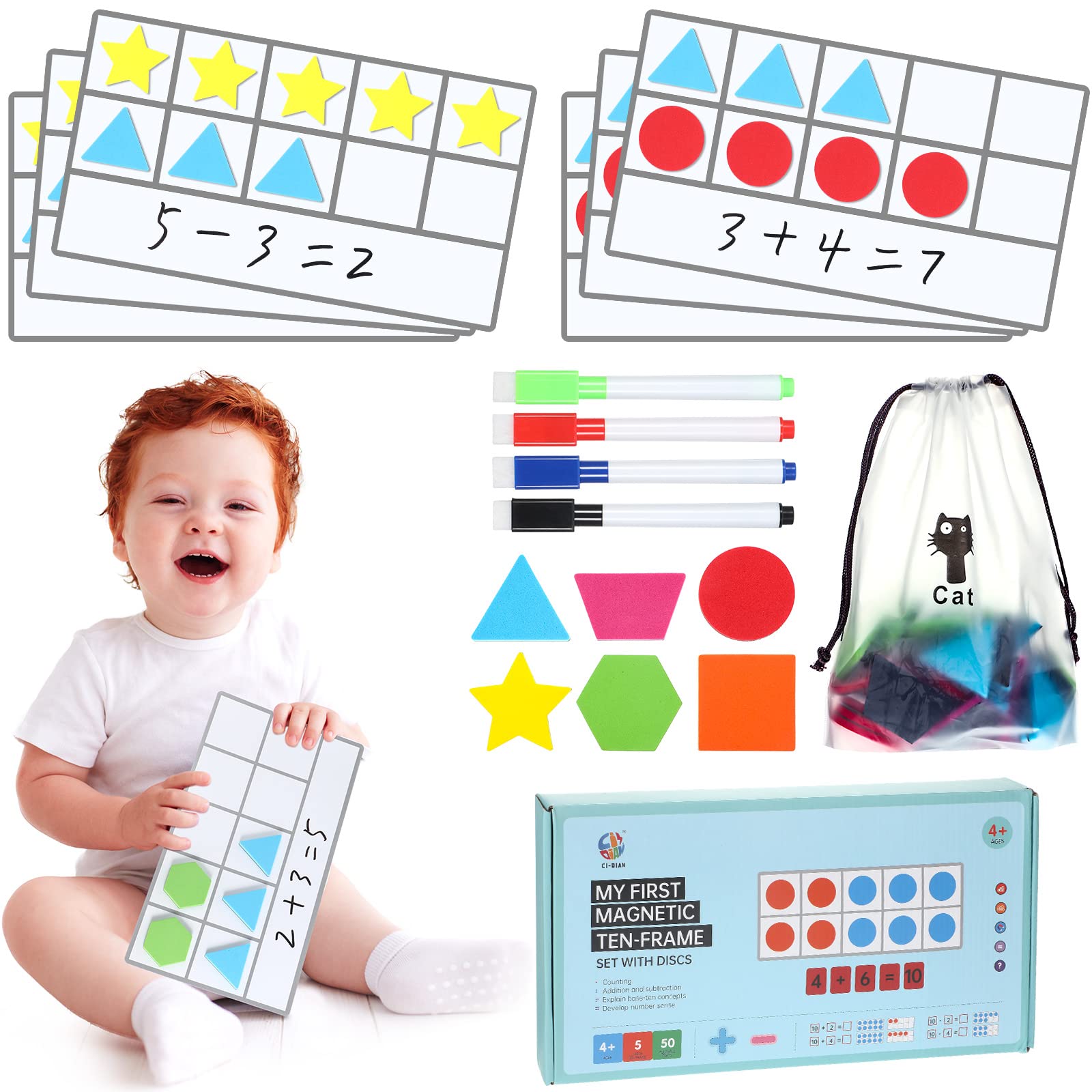 Harrycle 72 Pcs Magnetic Ten Frame Sets Math Manipulative for Kindergarten Math Games 6 Ten Frames 60 Magnetic Math Counters 4 Dry Erase Markers Toddler Learning Toys Game for Elementary Preschool