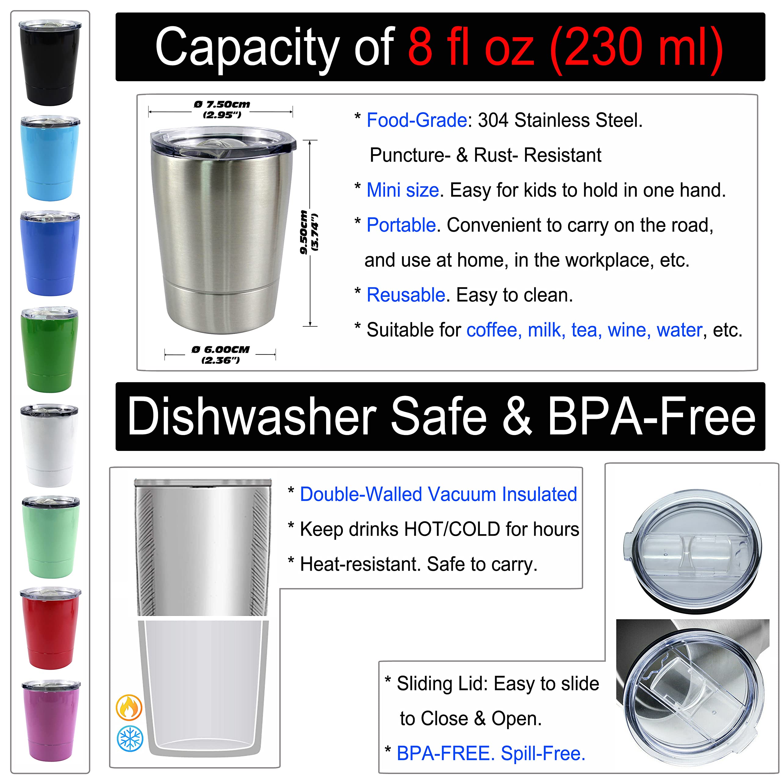 GARLEEN Small Travel Mug Mini Thermal Coffee Cups Insulated Bottles Silver for Kids & Adults w/ Spill-Free Lid for Hot & Cold Drinks, 8oz/230ml, 8 fl oz (230 ml)
