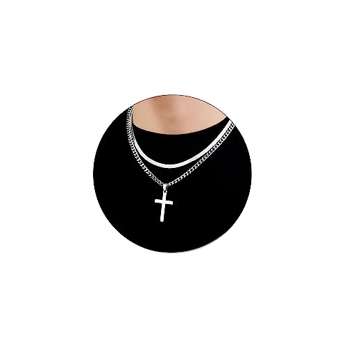 RUOOUY Layered Cross Necklace for Men Boys Stainless Steel Layered Snake Chain Cuban Link Chain 16-24 inch Christian Cross Pendant Religious Jewelry Gifts(S-18-20)