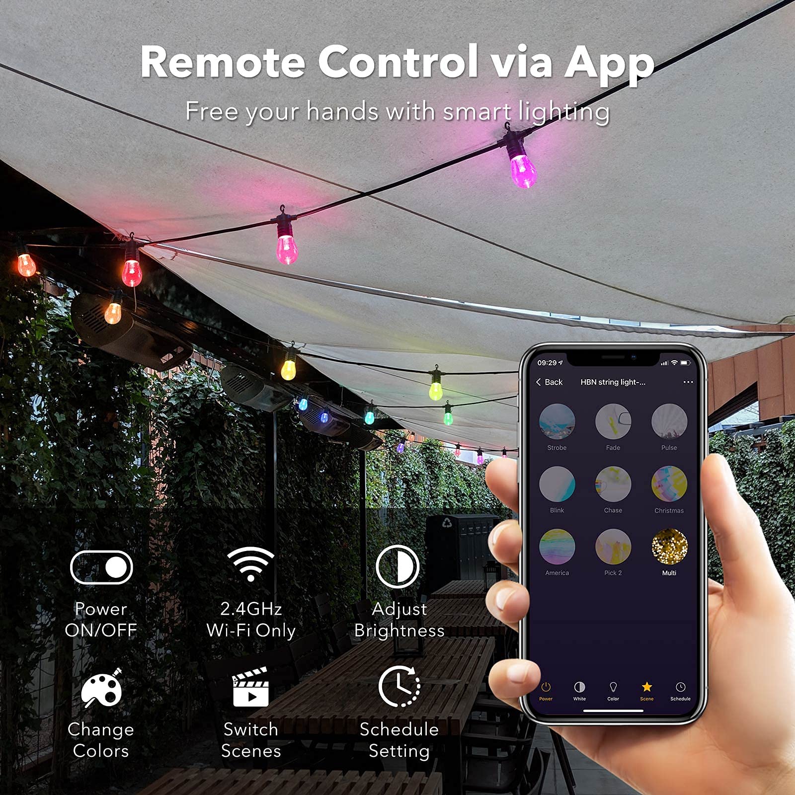 HBN Smart Color-Changing Outdoor String Lights - 48ft, LED, 24 Bulbs, 2.4 Ghz WiFi Needed-Compatible with Alexa, Google Assistant, iOS and Android (Tuya Smart App Needed) No Smart Hub Required