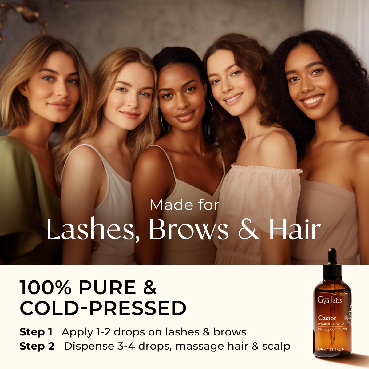 Gya Labs Organic Cosmetics Castor Oil for Eyelashes and Eyebrows - 100% Natural Cold Pressed Castor Oil for Hair, Eyelash & Eyebrow - Unrefined Carrier Oil for Skin (1.7 fl oz + Eyelash Kit)