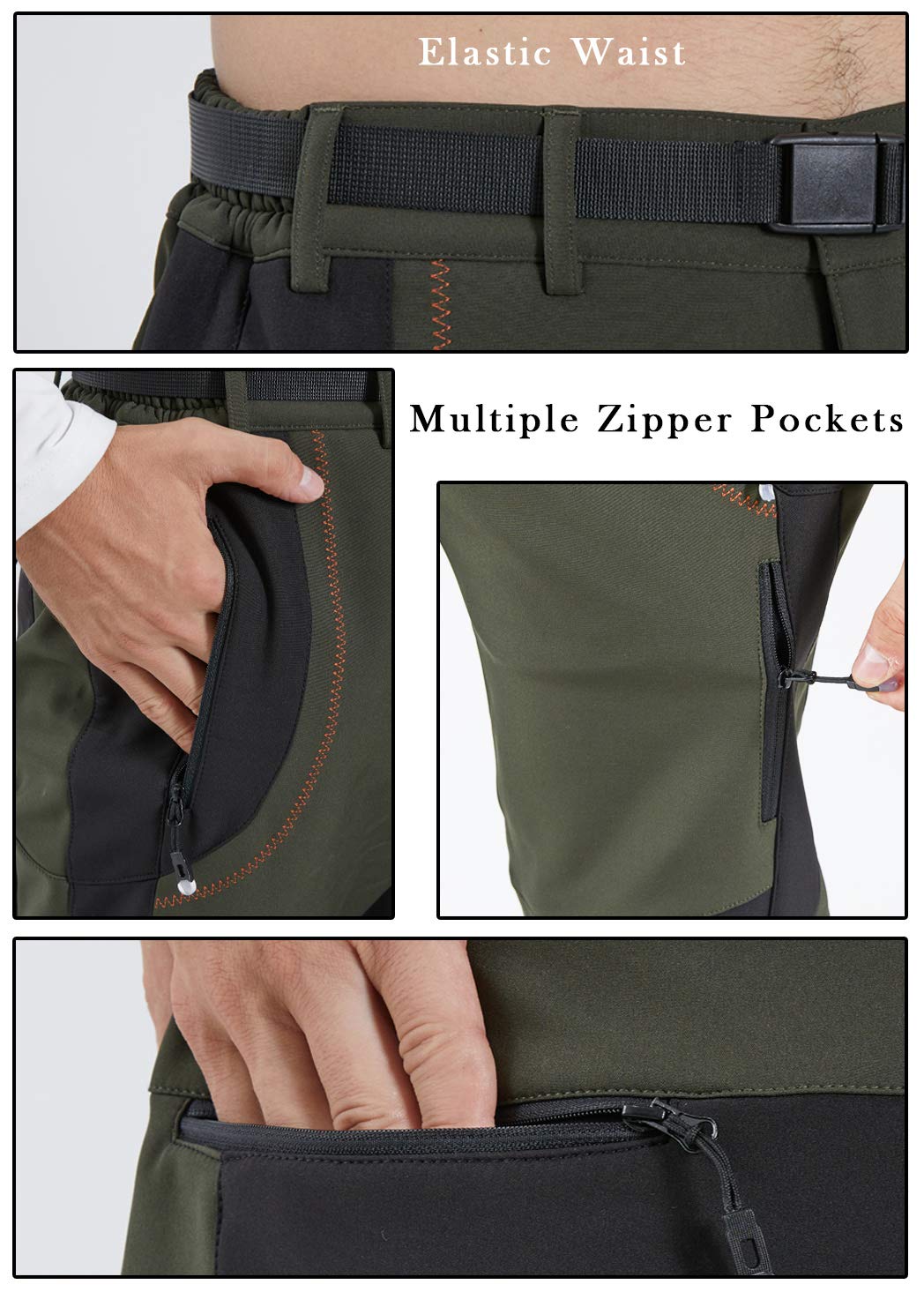 Gash Hao Men's Ski Snow Pants Waterproof Hiking Snowboard Pants Breathable Fleece Lined Zipper Bottom Leg(Army Green 32W X 32L)