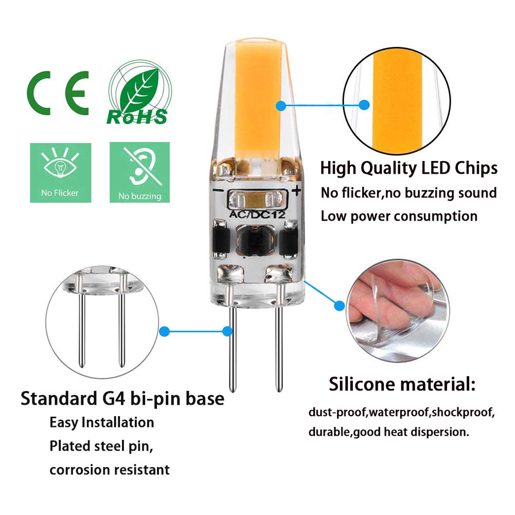 G4 LED Bulb 2W Equivalent to 20W T3 JC Type Bi-Pin G4 Base Halogen Bulb, AC/DC 12V Warm White 3000K G4 Bulb for Under Cabinet Light, Ceiling Lights, RV, Boats, Outdoor Landscape Lighting (10 Pack)