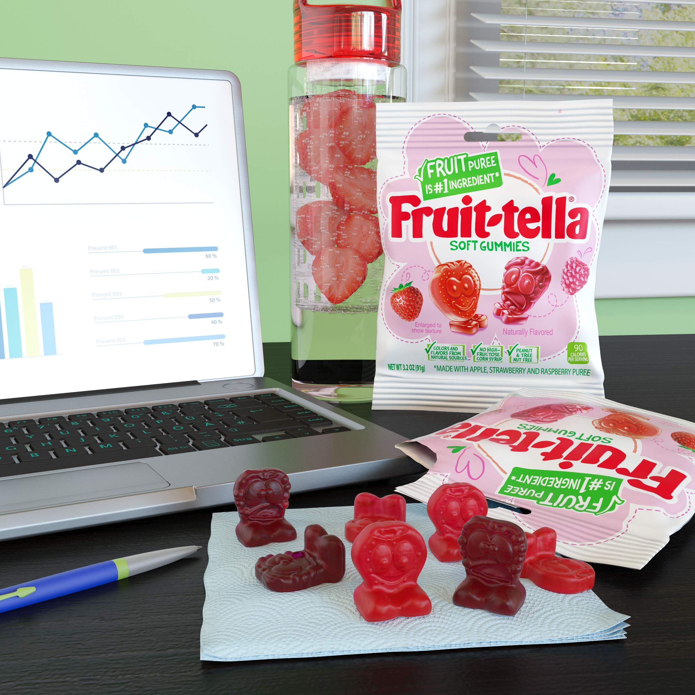 Fruit-tella Soft Gummy Candy, Strawberry and Raspberry Fruit Flavors, 3.2 oz (Pack Of 12); Peanut & Tree Nut Free, No High-Fructose Corn Syrup, Naturally Flavored
