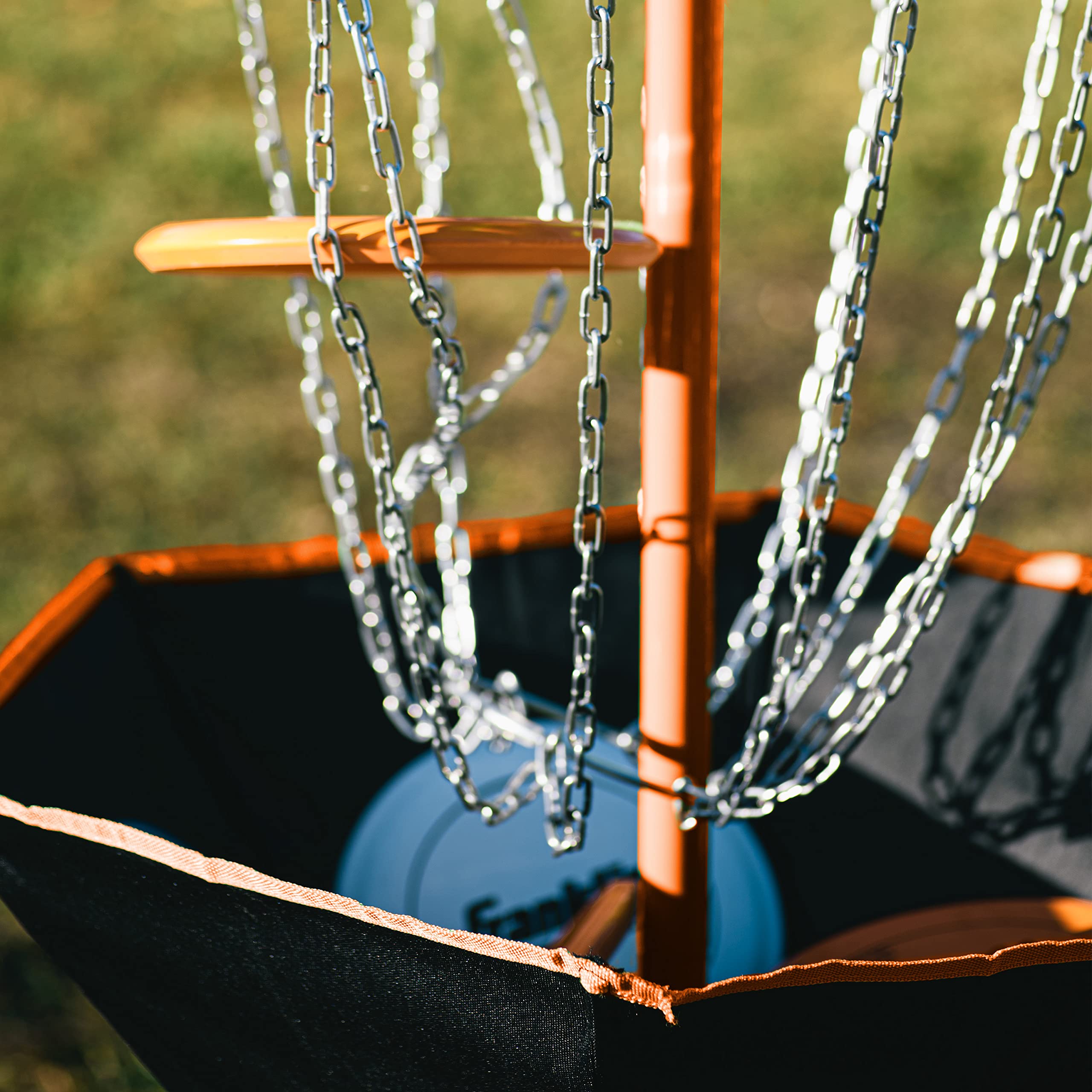 Franklin Sports Disc Golf Basket + Discs Set - Portable Disc Golf Target Basket with Chains - 3 Discs Included - Driver, Mid-Range + Putter - Steel Chains