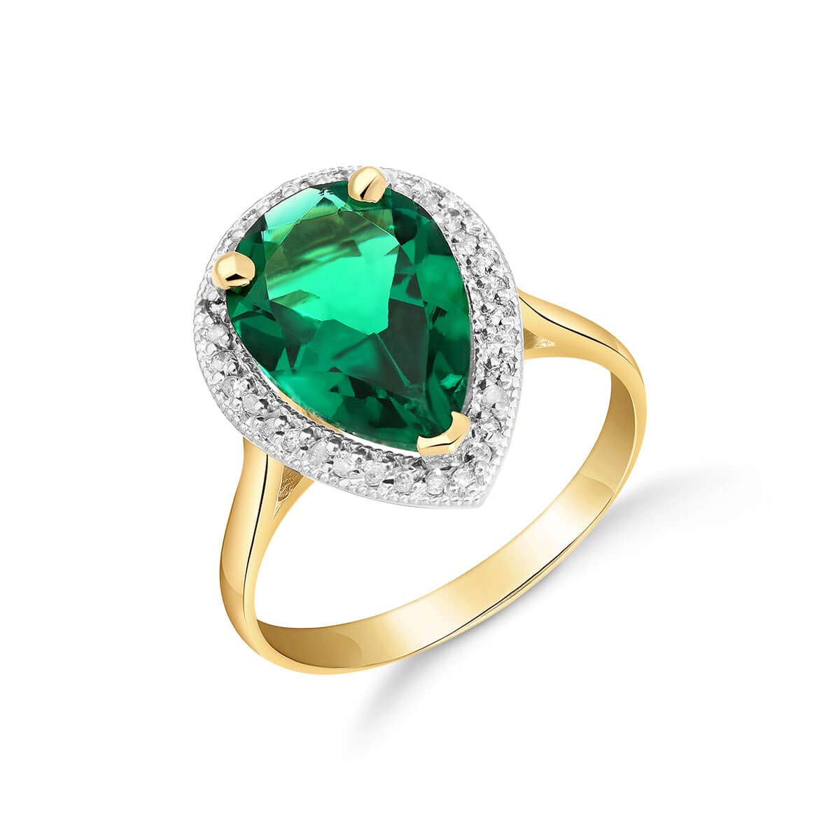 Galaxy Gold GG 3.16 Carat 14K Solid Yellow Gold Emerald with Natural Diamonds Halo Ring Brilliant Pear Tear Drop Shape Cut Round Diamonds Anniversary Engagement Promise Ring (7.5)