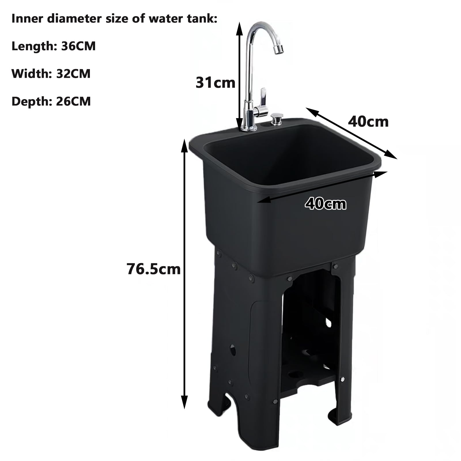 Freestanding Plastic Sink,Commercial Restaurant Kitchen Sink,Single Basin Kitchen Sink,with Faucet and Drainboard(40X40X76.5cm/15.7X15.7X30.1inch,black)
