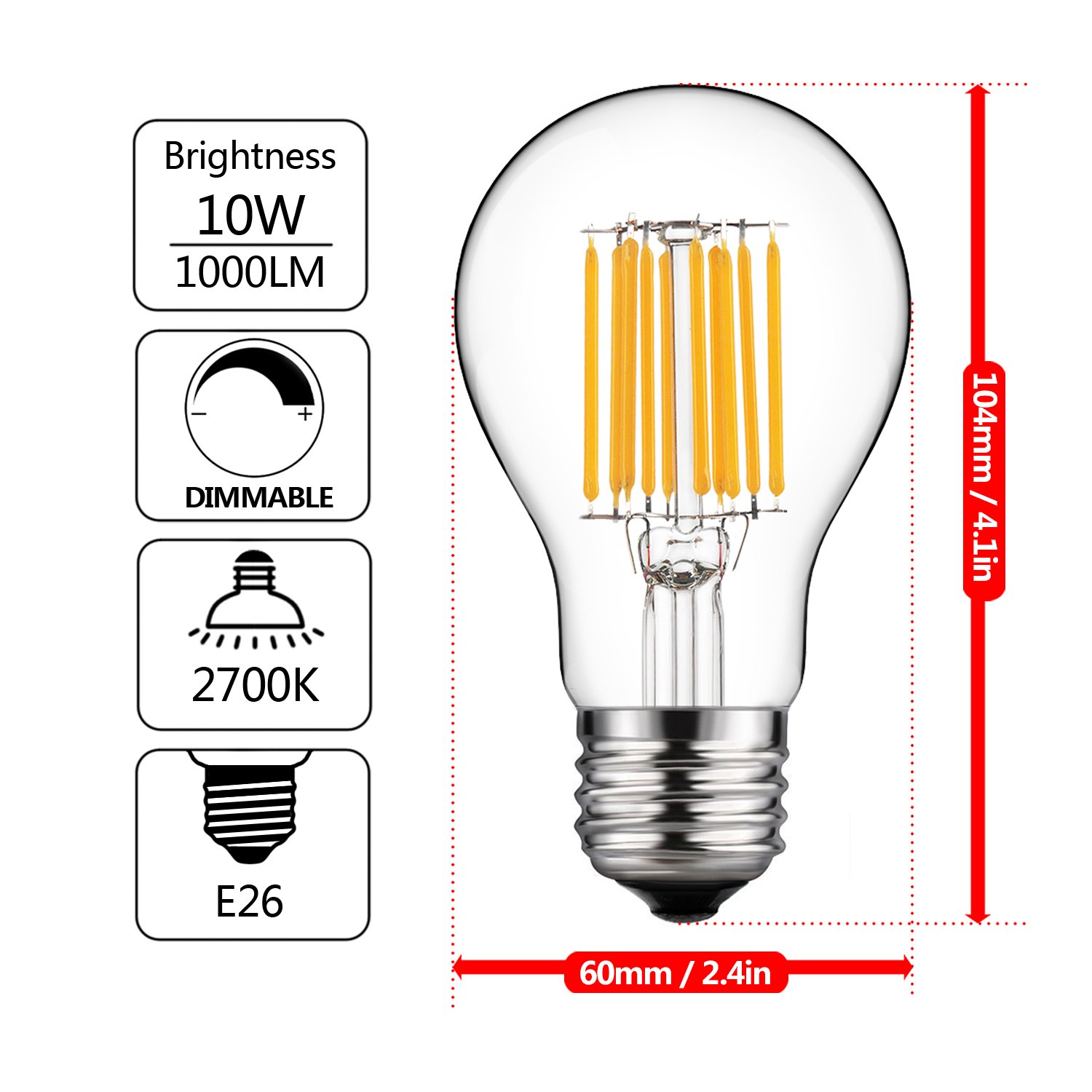 gezee A19(A60) Antique Shape,Dimmable 10W Edison Style Vintage LED Filament Light Bulb, 100W Incandescent Replacement,Warm White 2700K,1000LM, E26 Medium Base Lamp, Clear Glass Cover(3 Pack) …