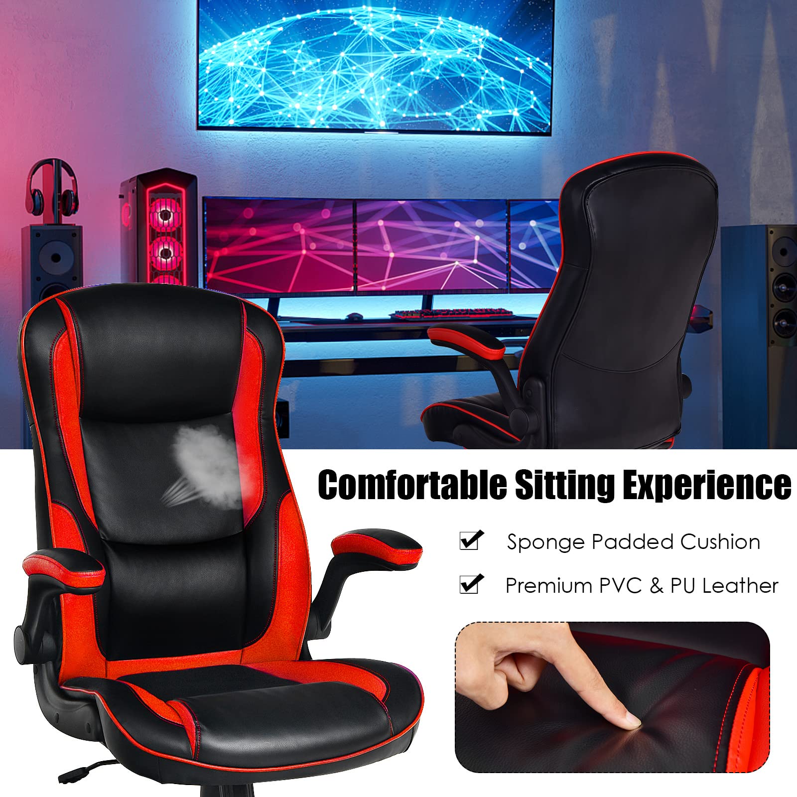 Giantex Racing Style Computer Gaming Chair, High Back Video Game Chair with PVC & PU Leather Seat, Rocking Backrest, Ergonomic Swivel Computer Chair, Home Office Executive Task Chair (Red)