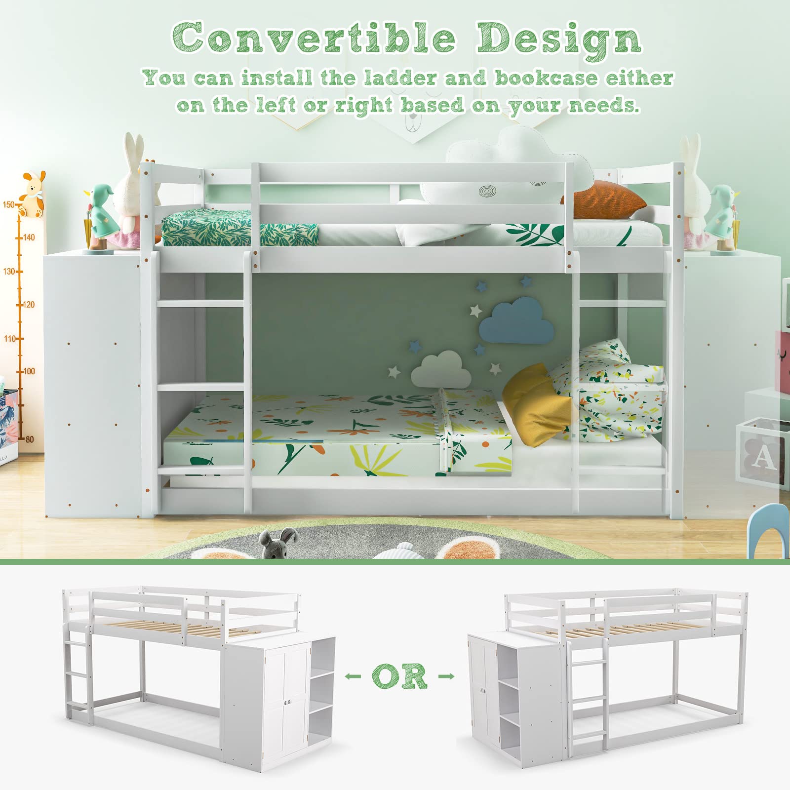 Giantex Twin Over Twin Bunk Bed with Storage Shelves, Solid Wood Bunk Bed Frame with Convertible Bookcase & Ladder, Floor Low Bunk Bed with High Guardrails for Kids Teens, No Box Spring Needed, White