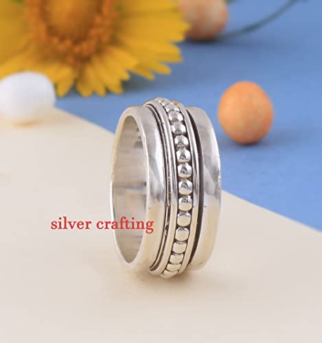 Hammered Solid 925 Sterling Silver Spinner Ring For Women - Designer Handmade Meditation Ring For Wedding - (8.5)