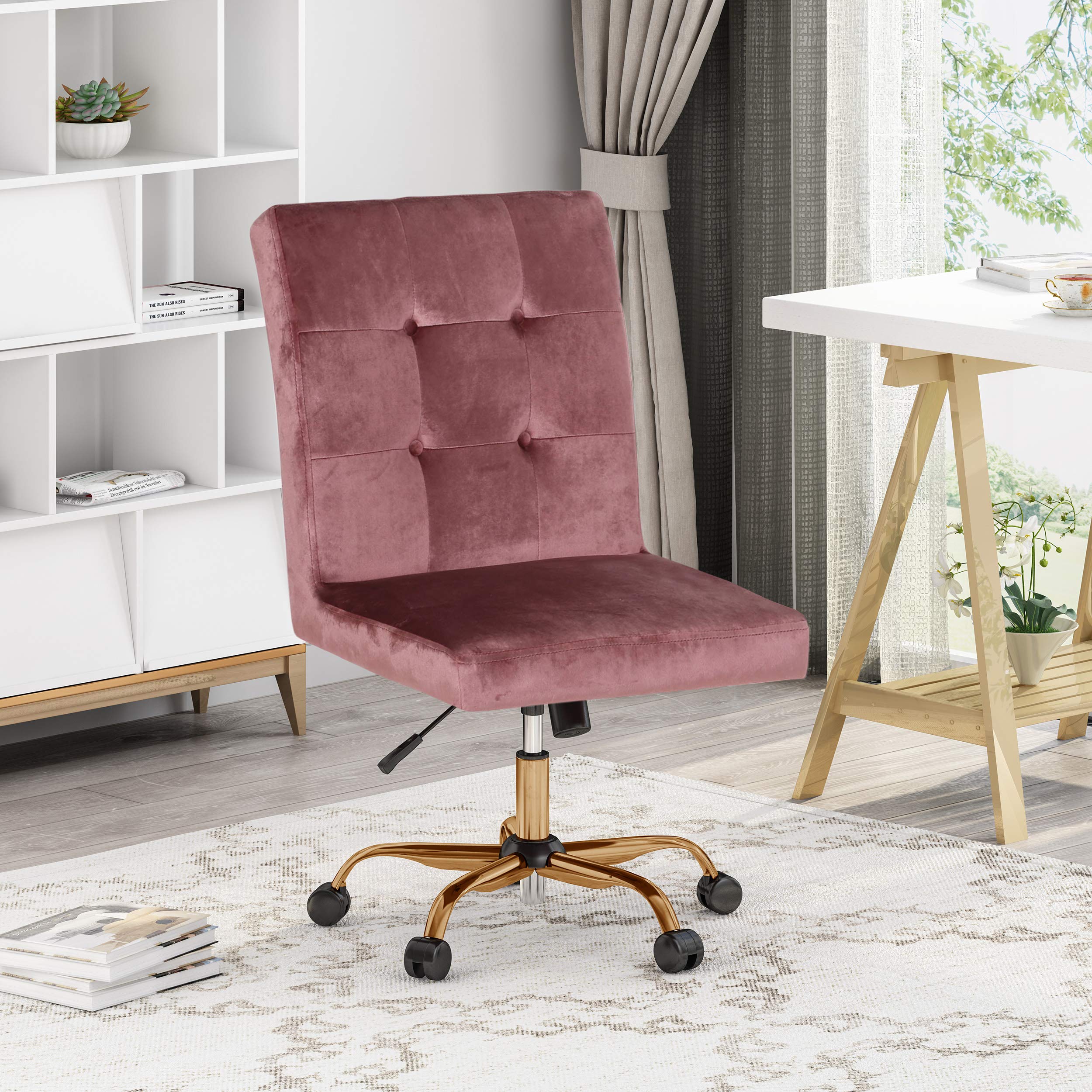 GDFStudio Glam Tufted Home Office Chair with Swivel Base, Black and Rose Gold Finish