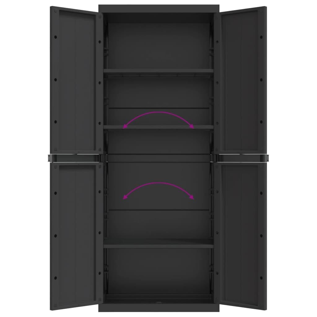 vidaXL Outdoor Storage Cabinet Black PP 25.6"x14.6"x65" - Weather-Resistant Utility Cupboard with Adjustable Shelves and Lockable Doors for Garden, Patio, and Balcony