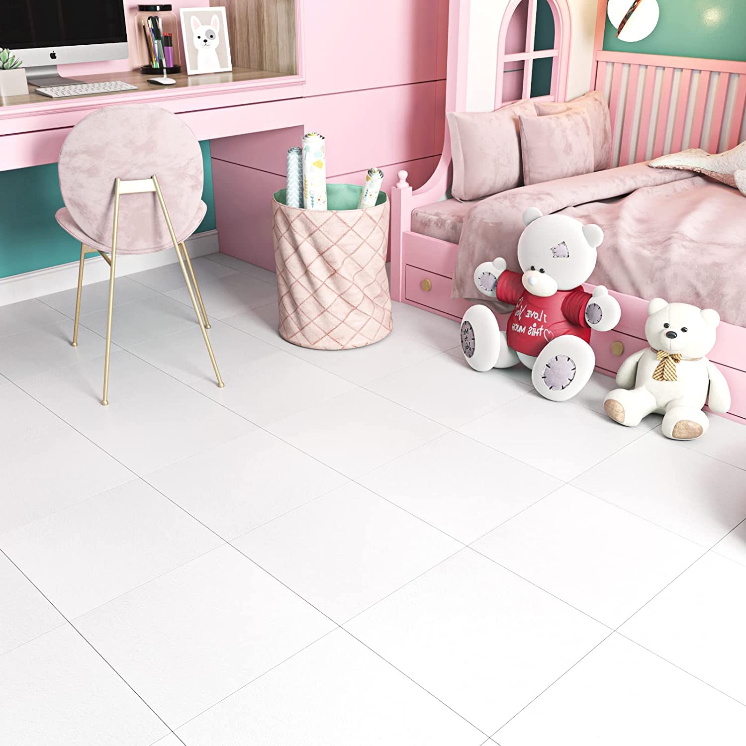 FunStick Peel and Stick Floor Tile Waterproof 12x12 In White Vinyl Flooring Peel and Stick Flooring for Bathroom Stick on Floor Tiles Removable Sticky Tiles for Kitchen Bedroom Laminate Flooring 5 Pcs