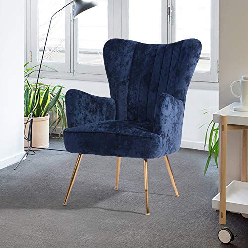 FurnitureR Velvet Living Room Chair Upholstered with Soft High Wing Back Leisure Reading Seat with Armrest for Corner Apartment, Dark Blue