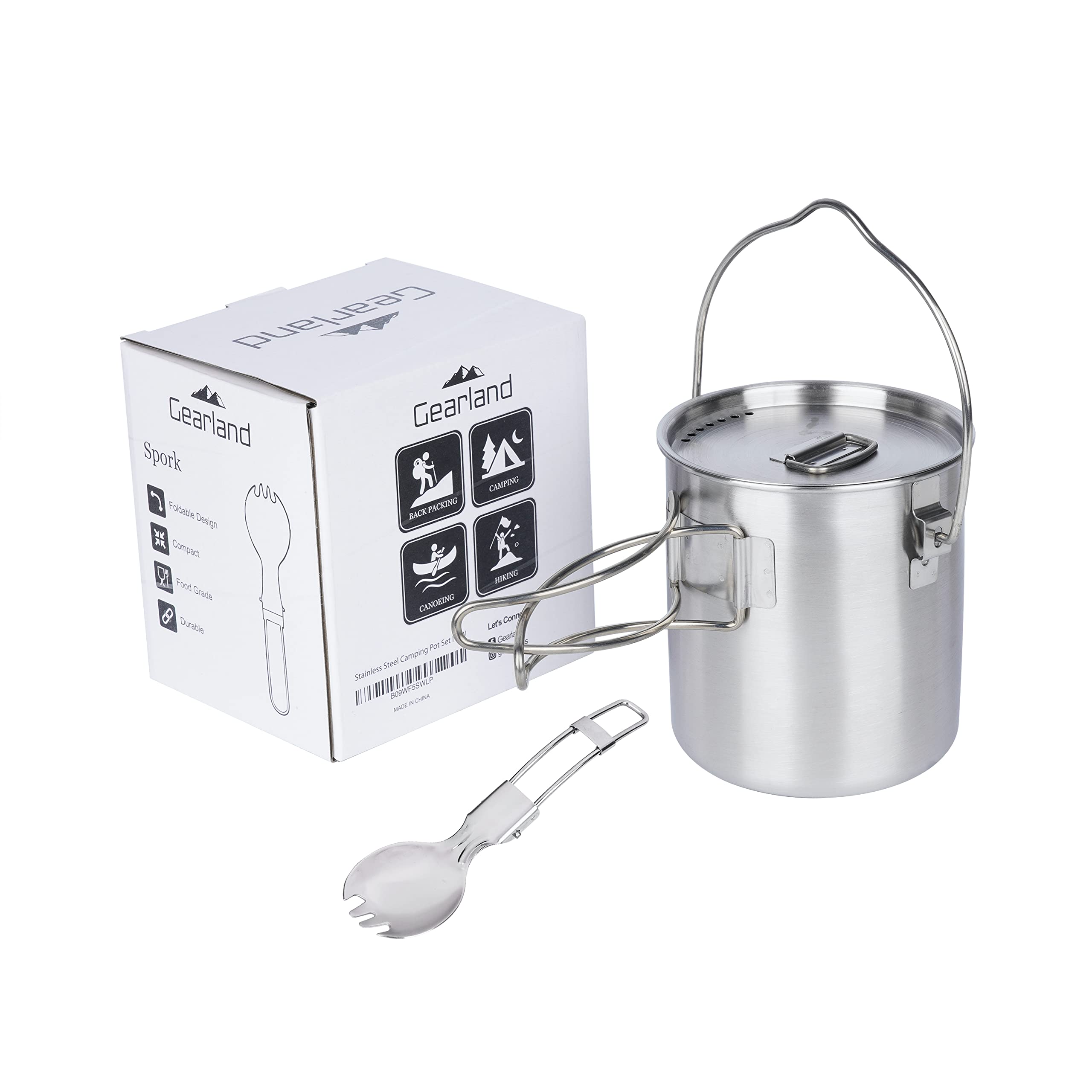 Gearland Stainless Steel Camping Pot with Camping Spork for Backpacking, Hiking, Camping, Bug Out Bag
