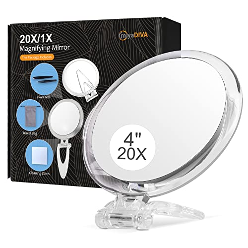 Gardenia 4 Inch 20x Magnifying Mirror, Compact Travel Mirror, Hand Mirror with Handle, Portable Close Up Mirror for Pocket/Handbag, Double Sided, Foldable, Transparent
