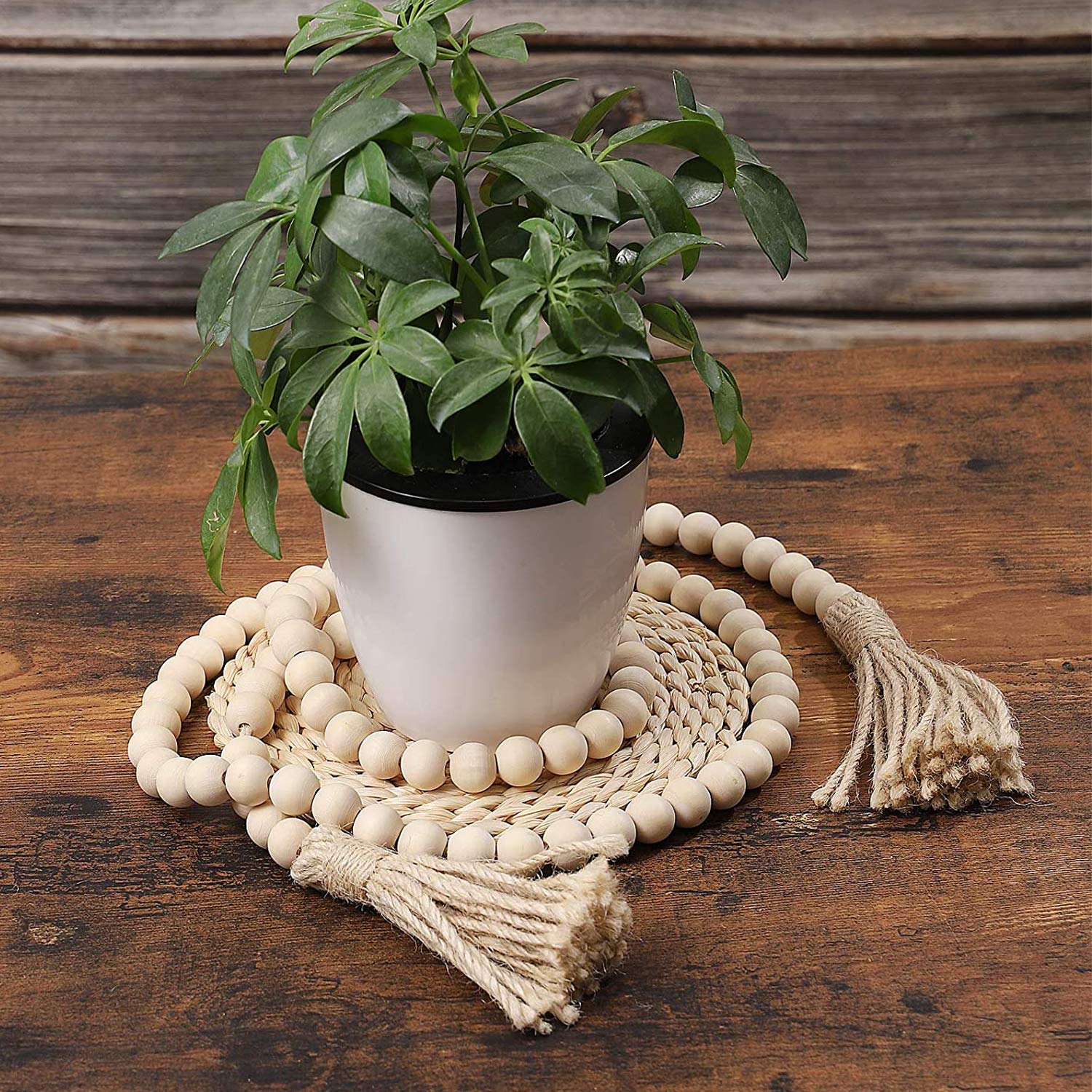 HCCY Wood Bead Garland 57" Farmhouse Country Beads with Tassles Wall Hanging Decor