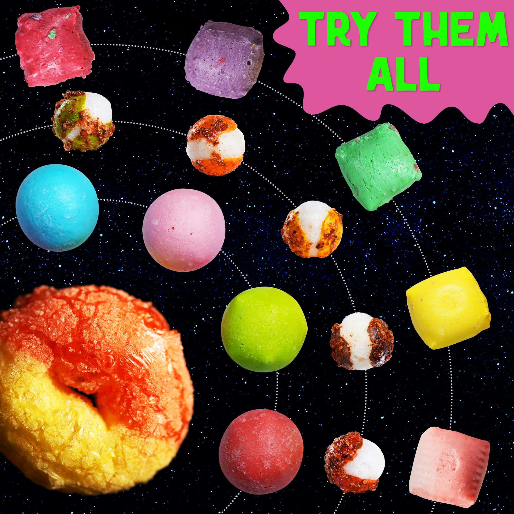 Freeze Dried Candy Variety Pack - Small Sample Pack with 4 Kinds of Freeze Dried Candy - Freeze Dried Cosmic Crunchies, Peach Rings, Moon Clouds and Caramel Apple Comets Shipped in Box for Protection