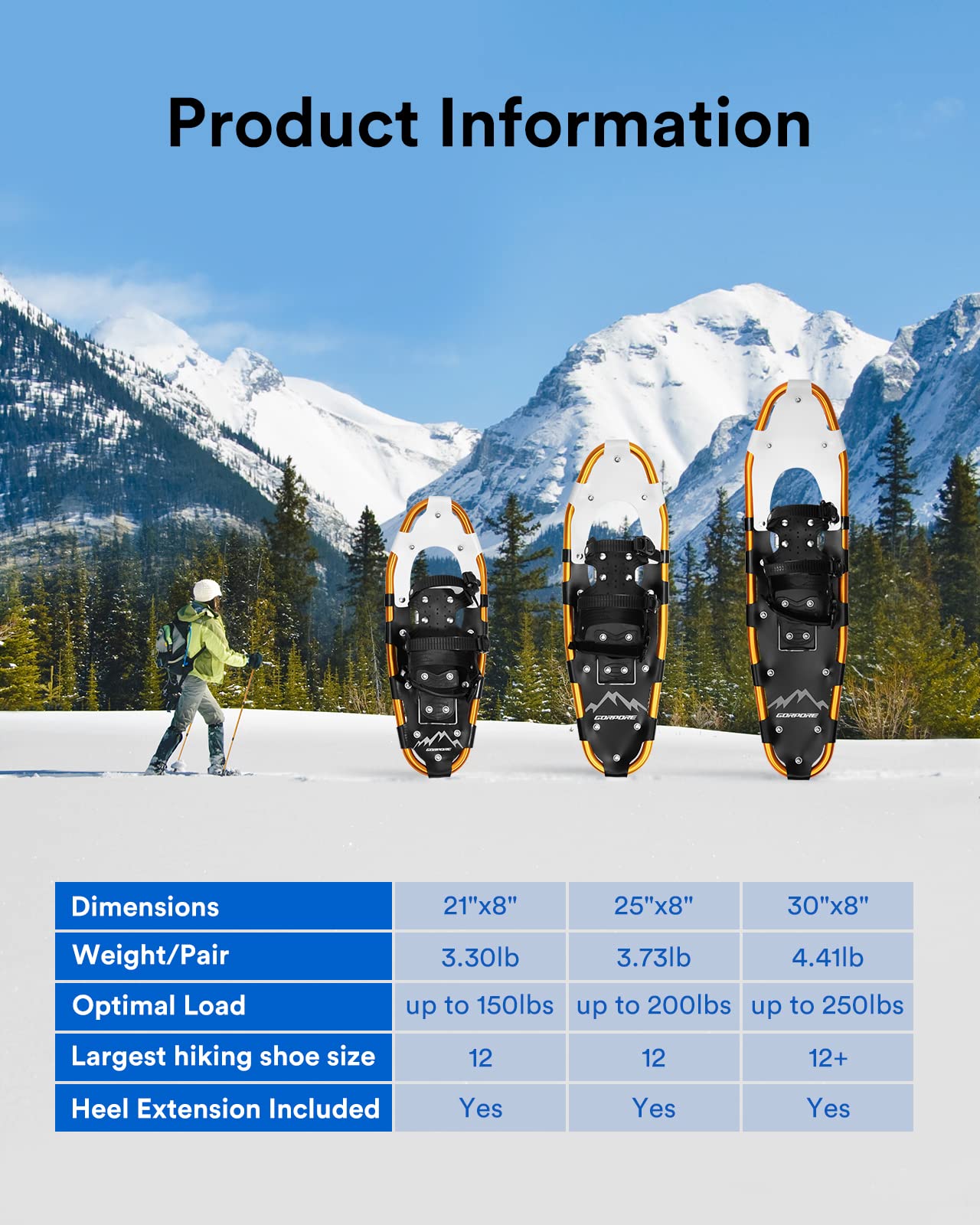 GORPORE All Terrain Snowshoes (Gold, 21" (Up to 150lbs))