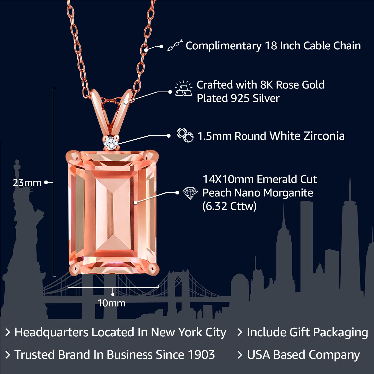 Gem Stone King 18K Rose Gold Plated Silver Peach Nano Morganite Pendant Necklace For Women (6.32 Cttw, Gemstone October Birthstone, Emerald Cut 14X10MM, with 18 Inch Silver Chain)